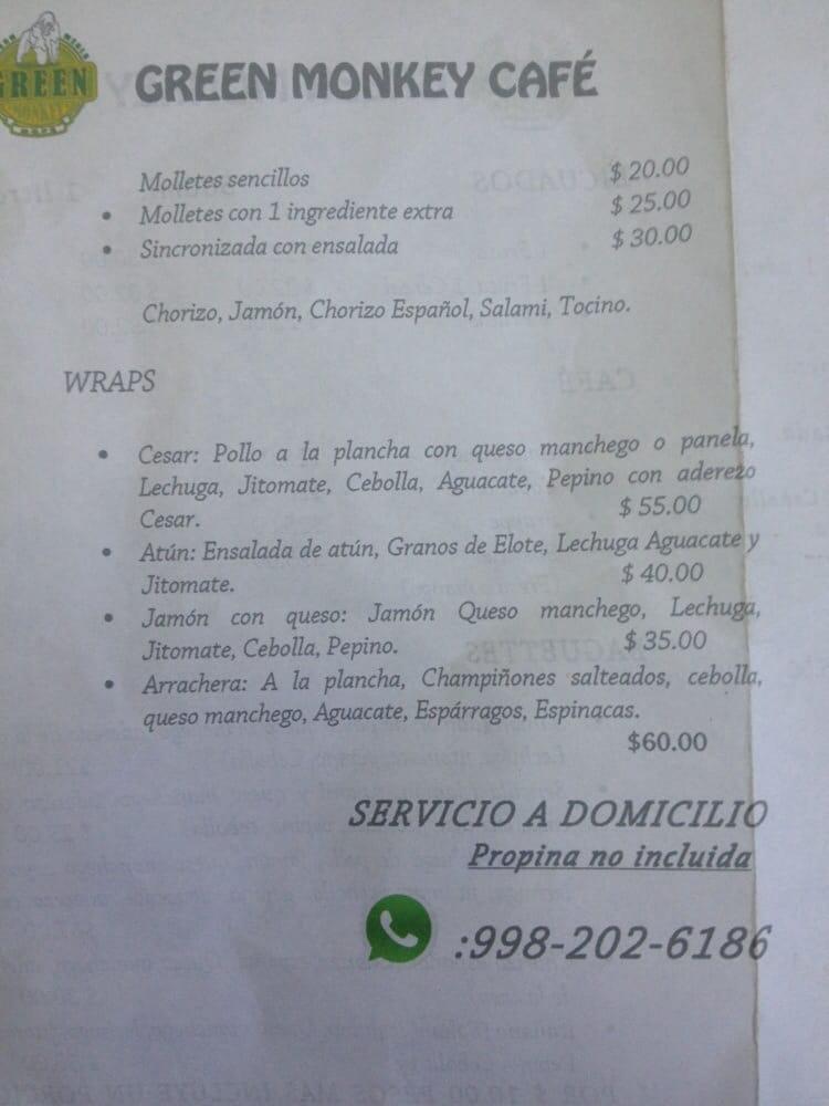 Menu at Cafeteria Green Monkey, Cancún