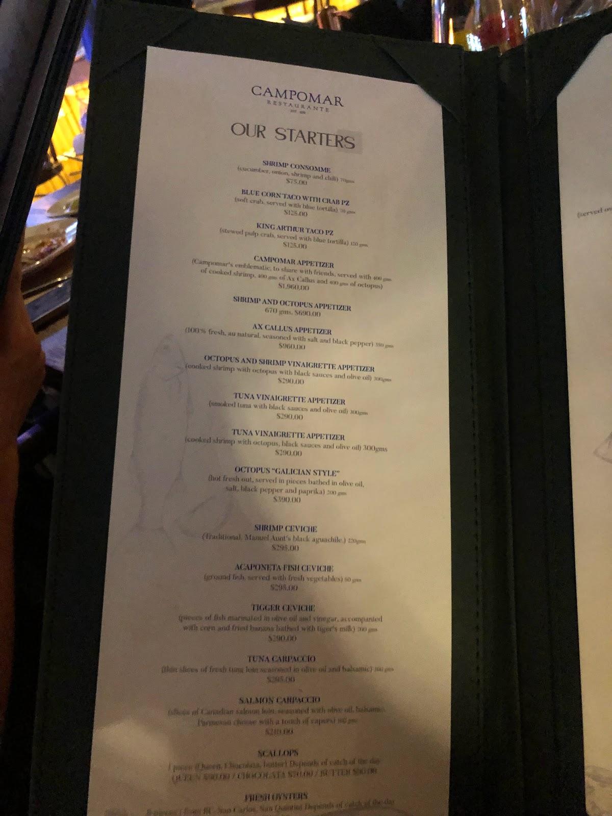 Carta del restaurante Campomar Puerto Vallarta, Puerto Vallarta