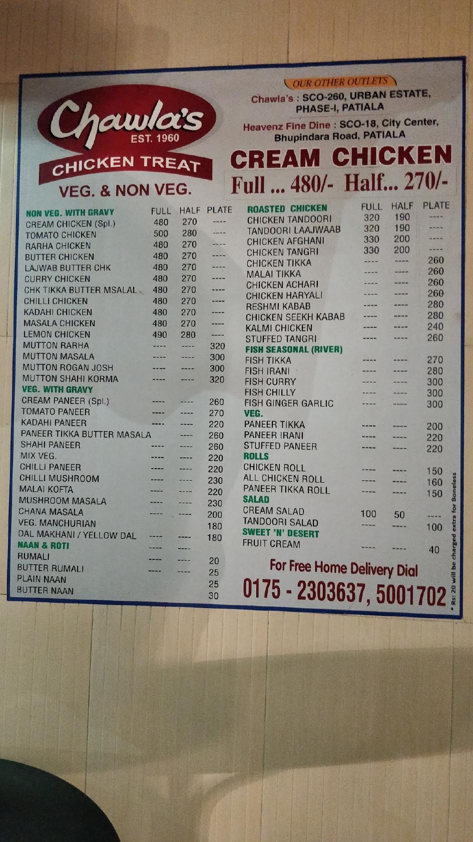 Menu at Chawla's Chicken Treat, Patiala, SCO No. 1