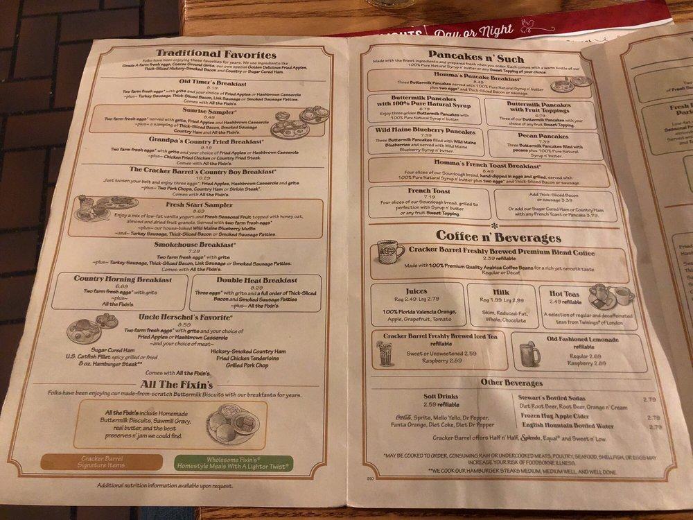 Menu at Cracker Barrel Old Country Store, Sheffield