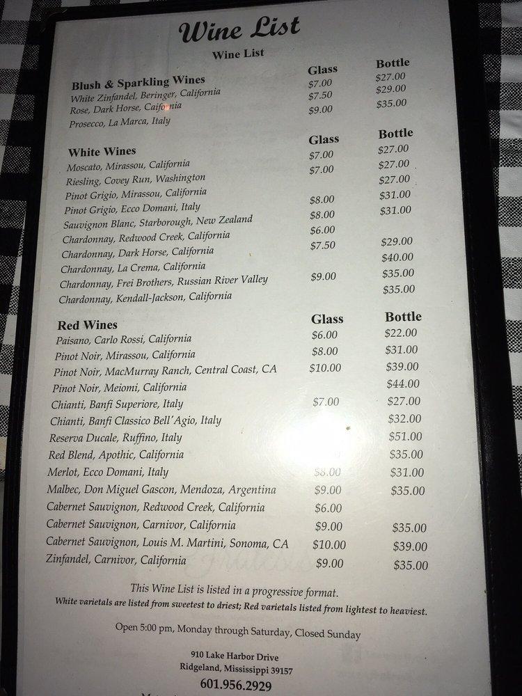 Menu at Fratesi's restaurant, Ridgeland