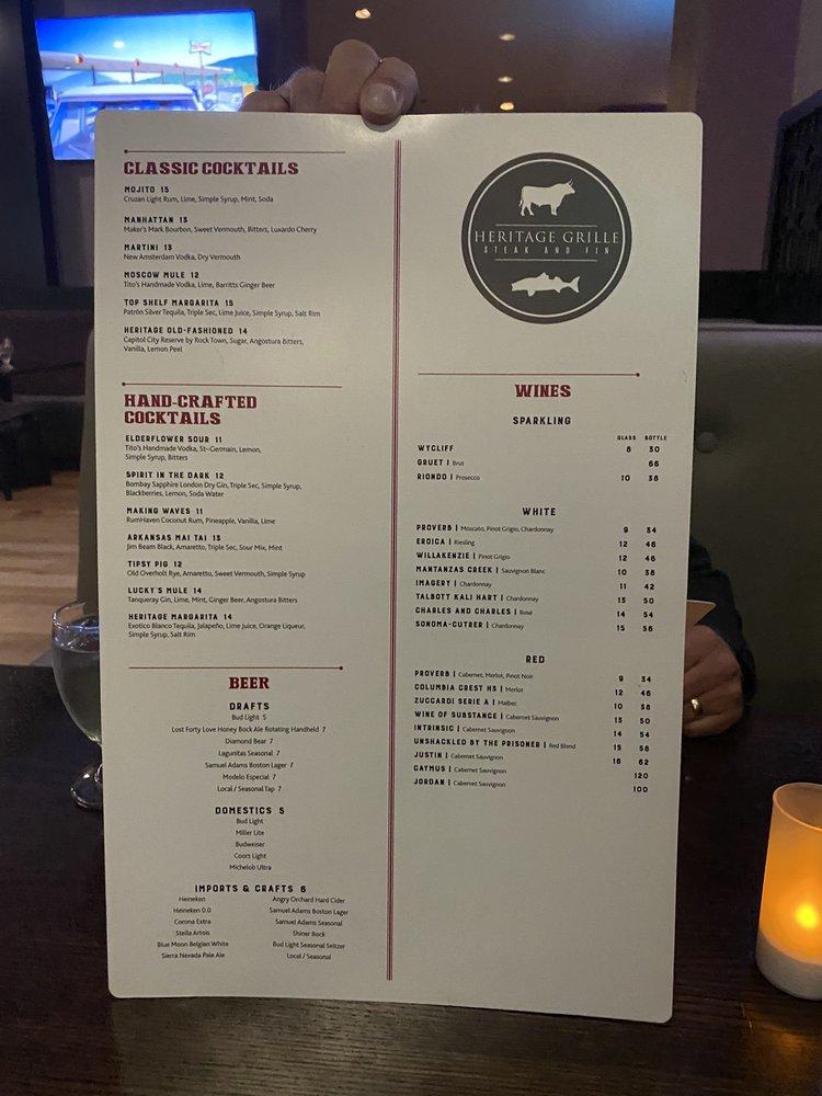 Menu at Heritage Grille Steak & Fin steakhouse, Little Rock