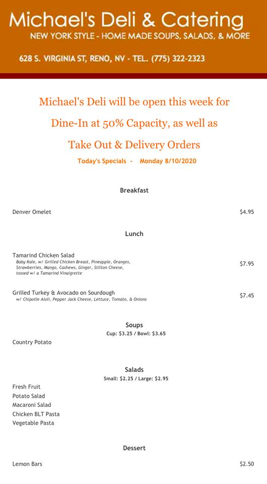 Menu at Michael's Deli restaurant, Reno