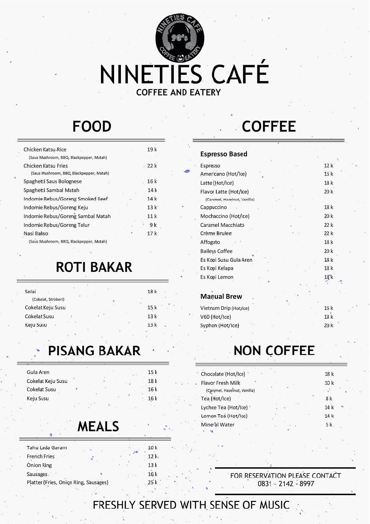 Menu at Nineties Cafe, Bandung