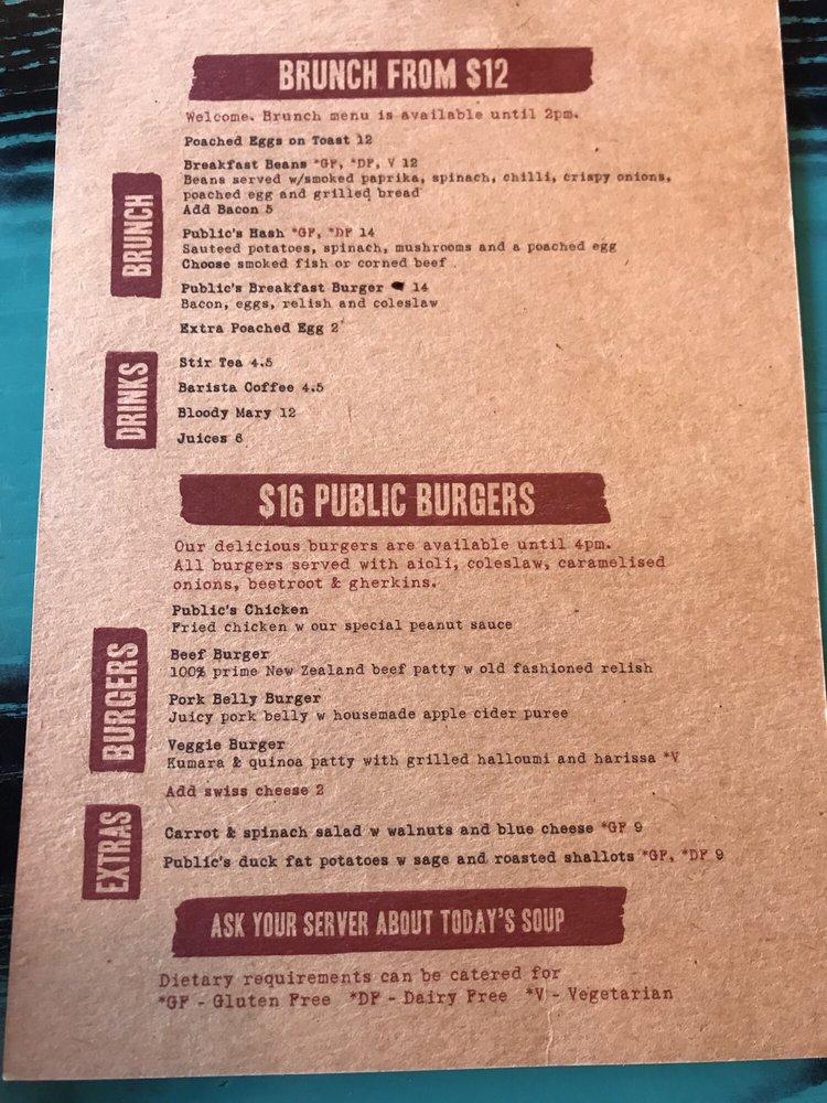 Menu at Public Kitchen and Bar, Queenstown