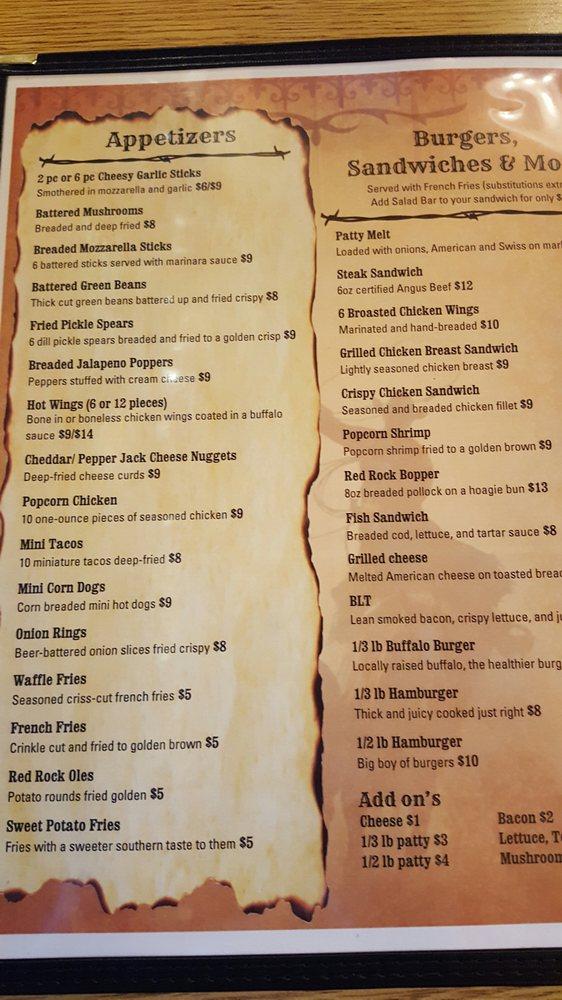 Menu at Red Rock restaurant, Wall