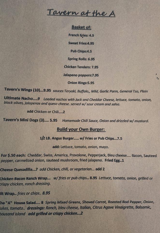 Menu at Tavern At The A pub & bar, Pittsfield