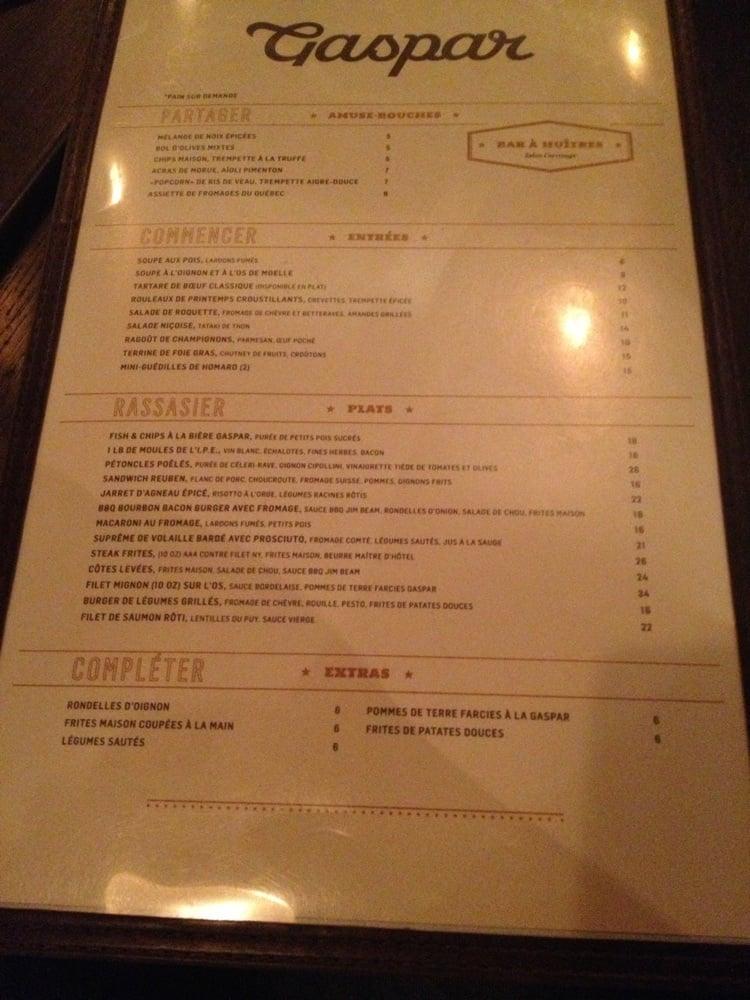 Menu at Gaspar Brasserie Française restaurant, Montréal