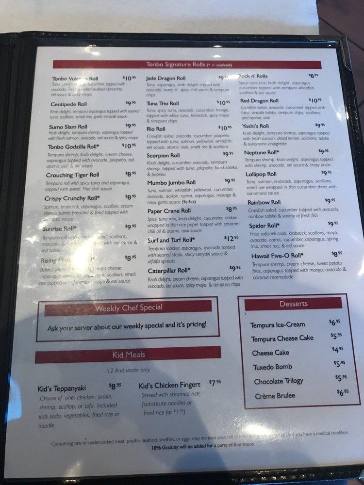 Menu at Tonbo Hibachi Grille restaurant, Port Richey, U.S. Hwy 19