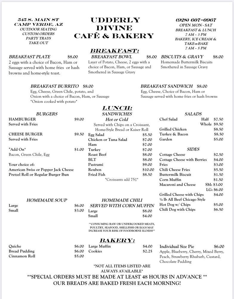 Carta de Udderly Divine Cafe & Bakery, Camp Verde