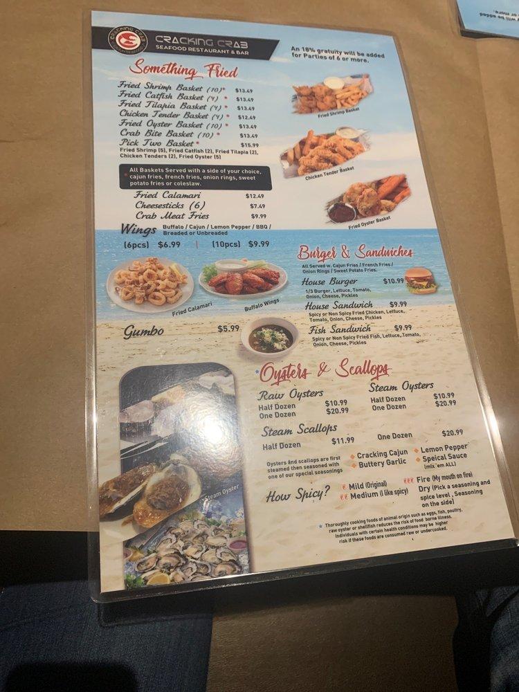Menu at Cracking Crab restaurant, Pensacola
