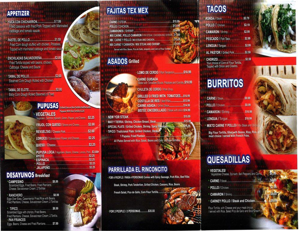 Menu at El Rinconcito Salvadoreño restaurant, Waldorf