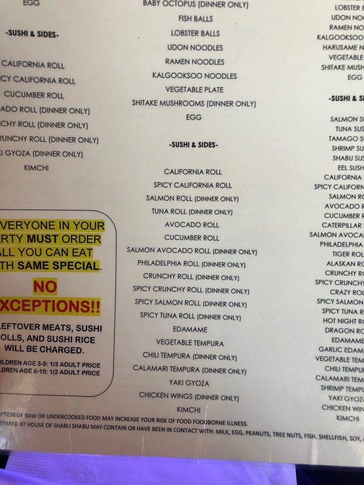 Menu at House of Shabu Shabu II restaurant, Anaheim