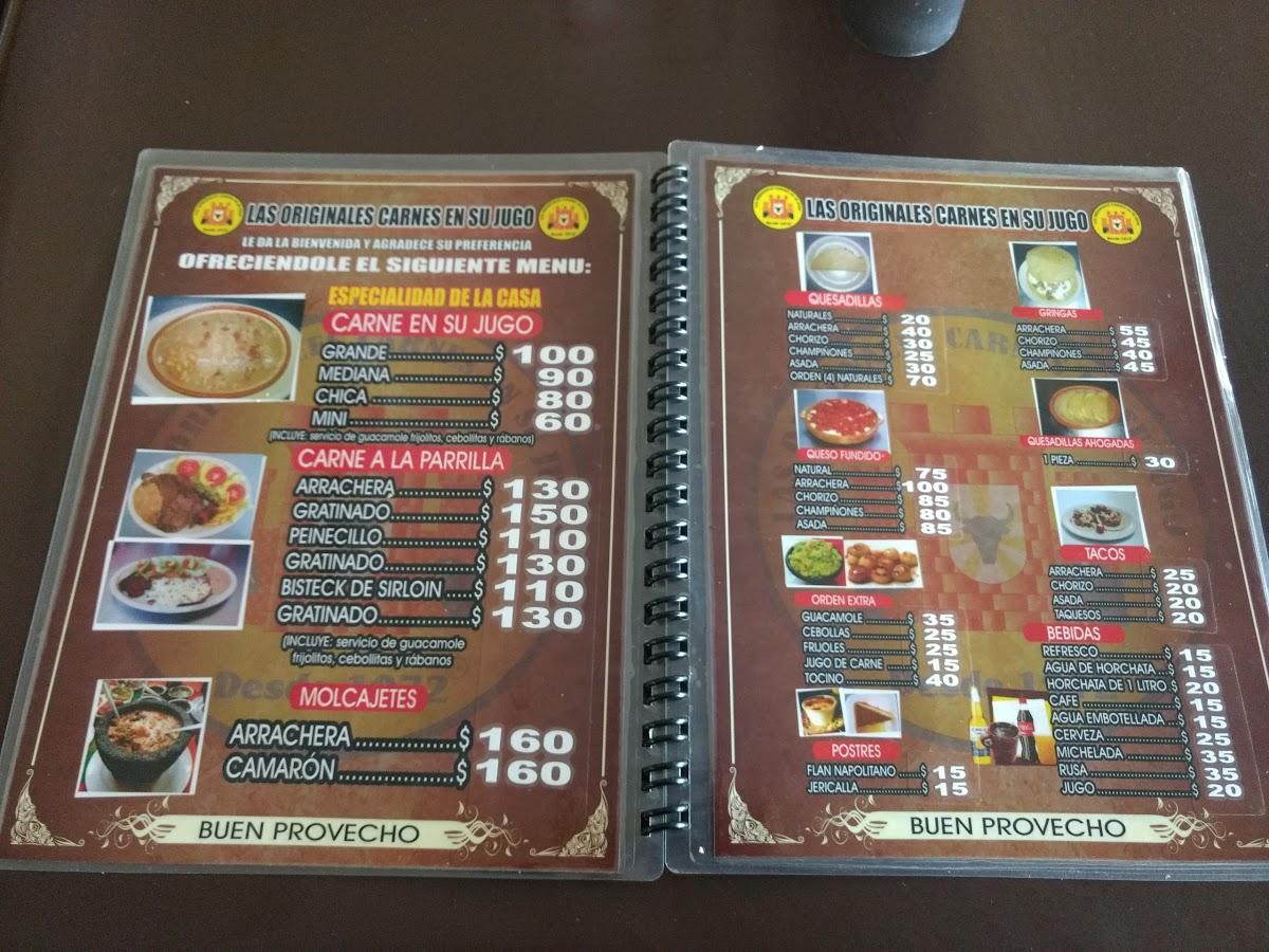 Menu at Las originales carnes en su jugo restaurant, Santa Cruz del Valle