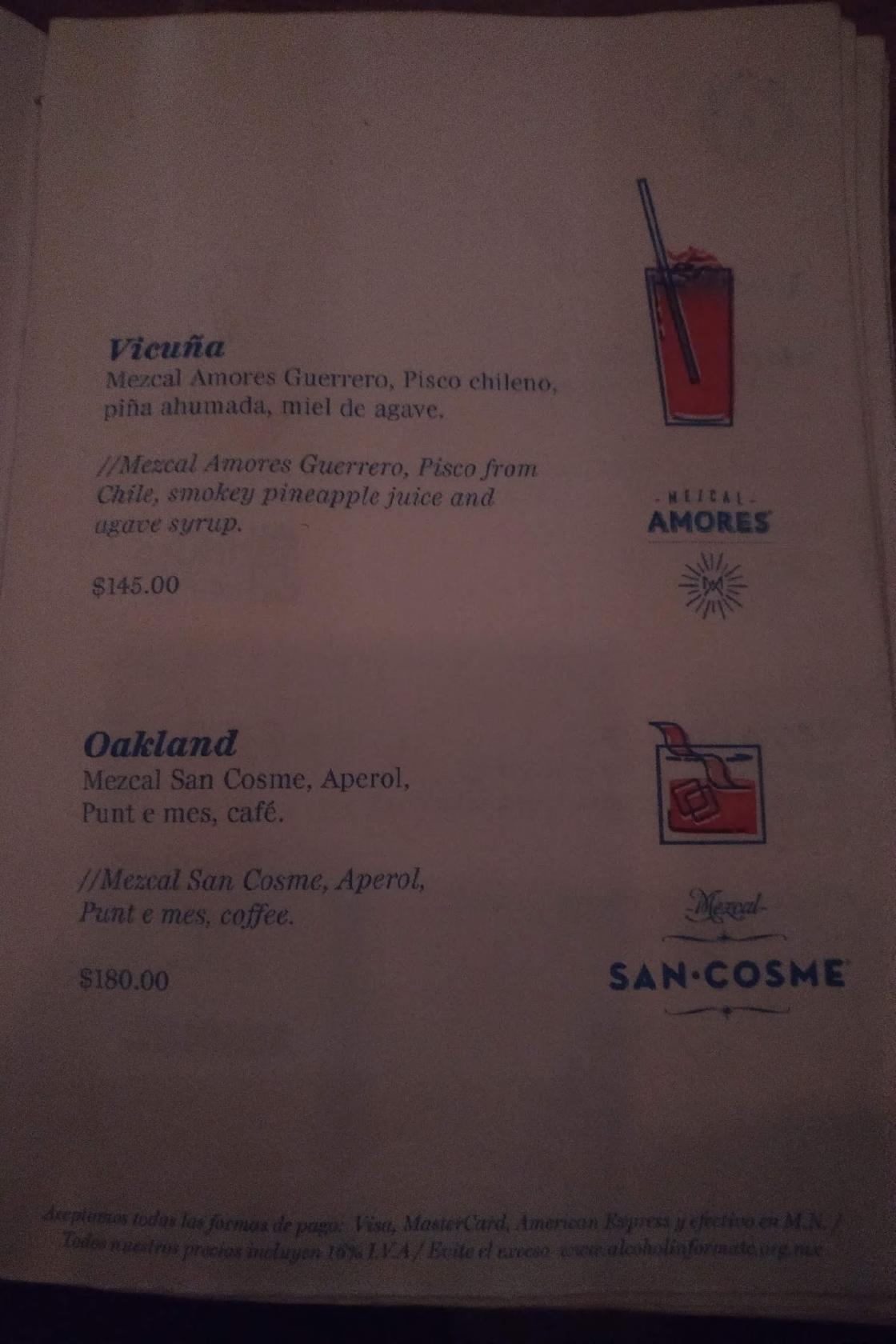 Menu at Licorería Limantour pub & bar, Mexico City, Av. Álvaro Obregón 106