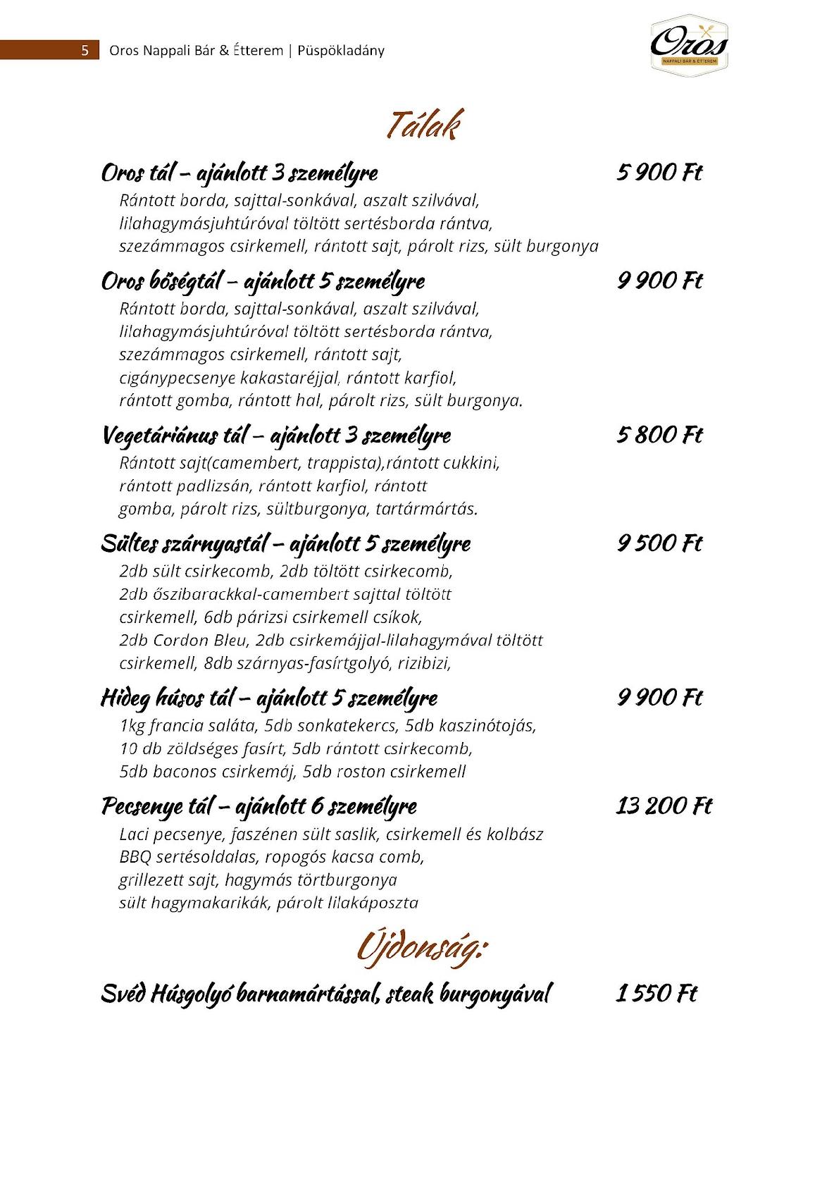 Menu at Oros Nappali Bár és Étterem restaurant, Püspökladány