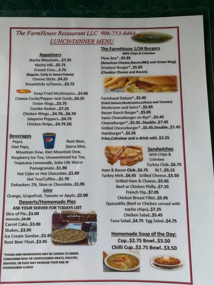 Menu at The FarmHouse Restaurant LLC, Stephenson, W107 South Dr
