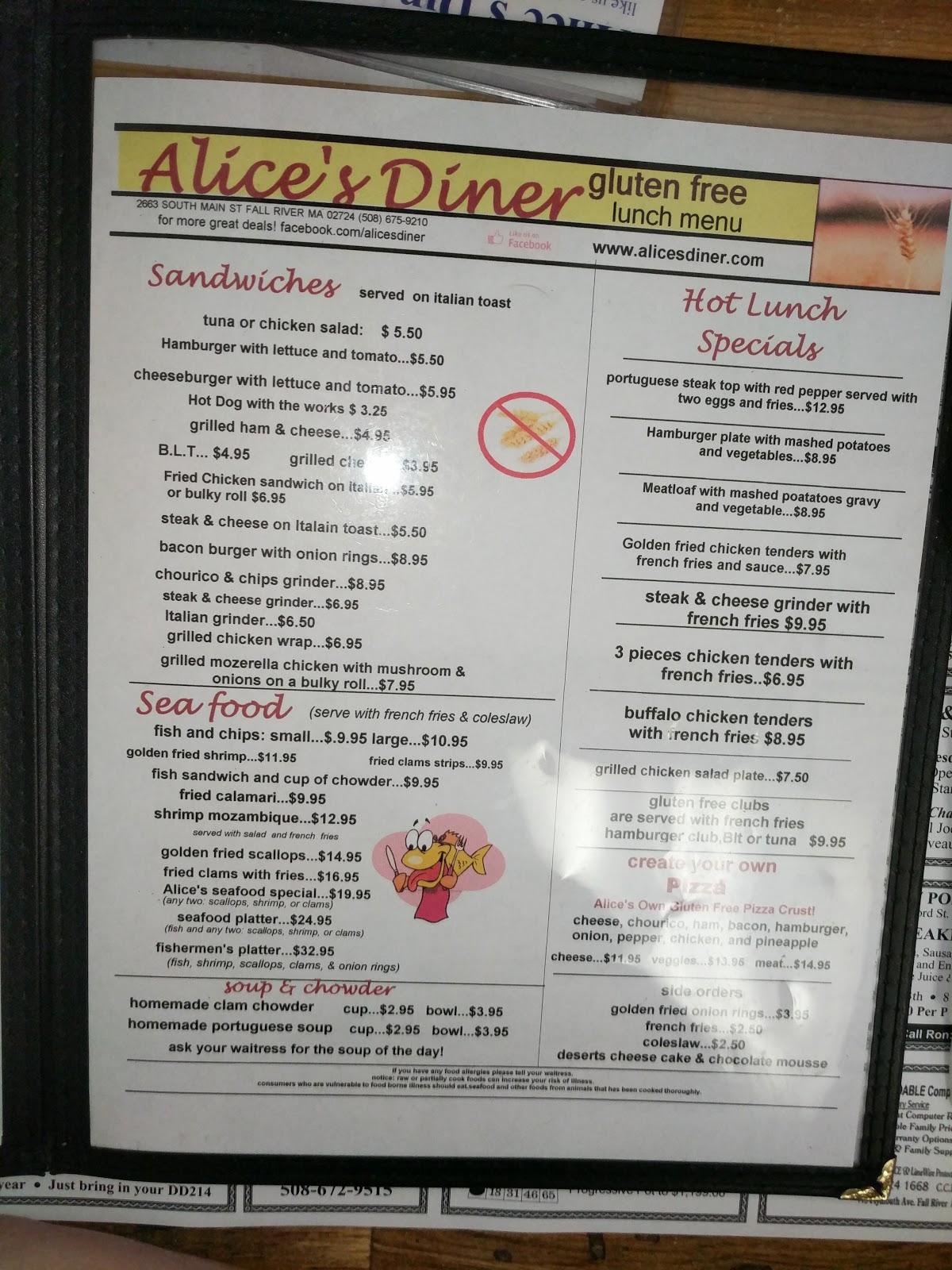 Menu at Alice's Diner BBQ, Fall River