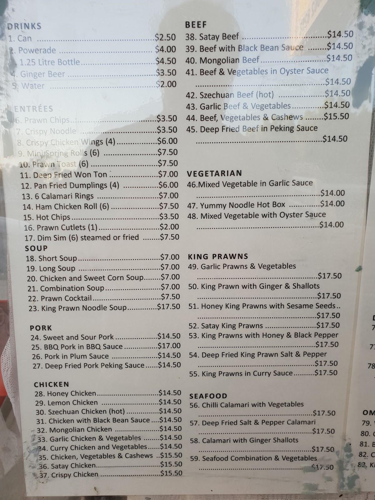 Menu at Cheong Kong Chinese Restaurant, Chinchilla