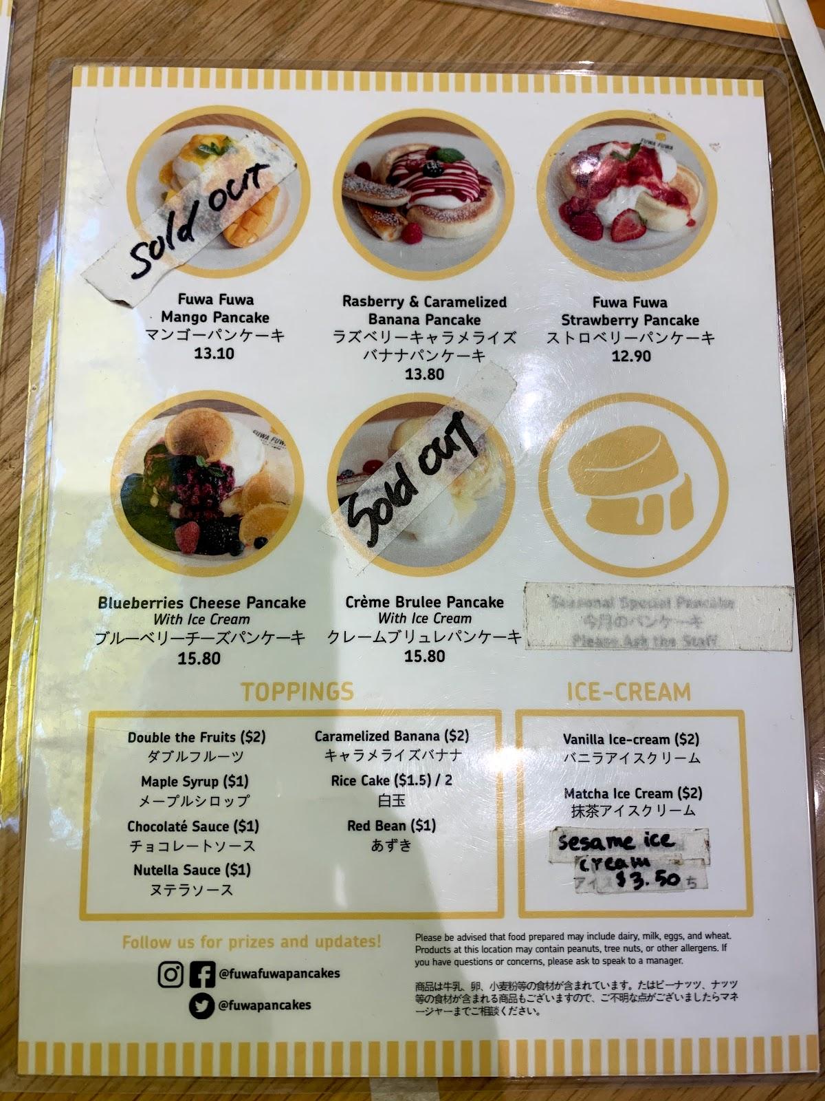 Menu at Fuwa Fuwa Dessert Cafe, Toronto, 408 Bloor St W