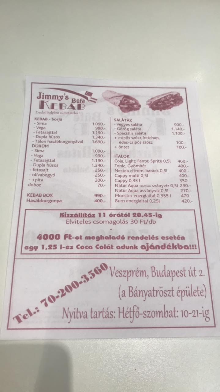 Menu at Jimmy's Kebab restaurant, Veszprém, Budapest út 2