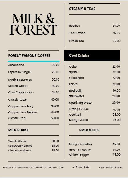 Menu at Milk & Forest restaurant, Pretoria