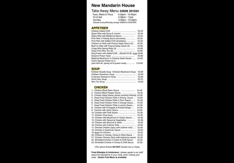 Menu at New Mandarin House restaurant, Craigavon