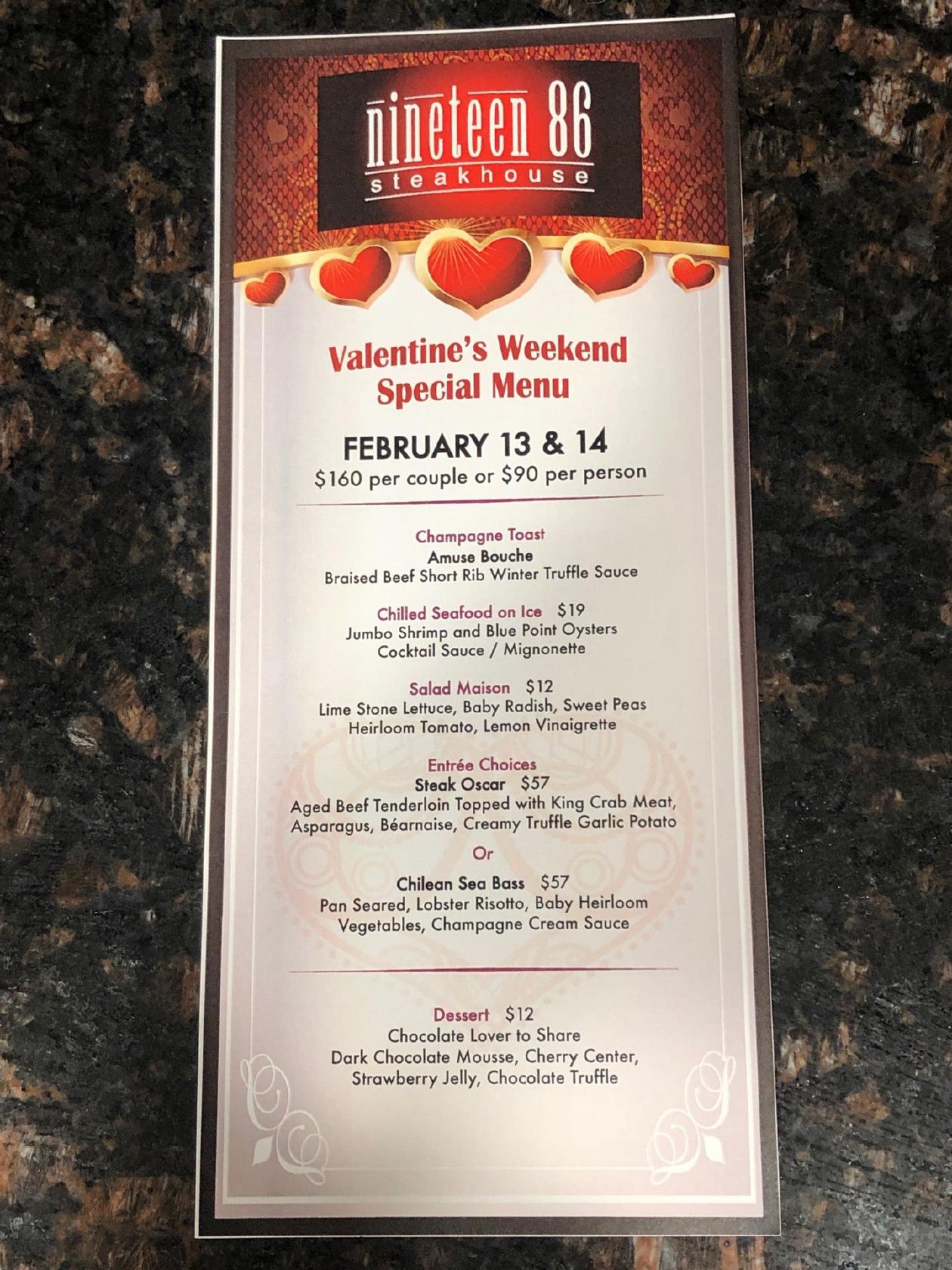 Menu at Nineteen 86 Steakhouse, Glendale