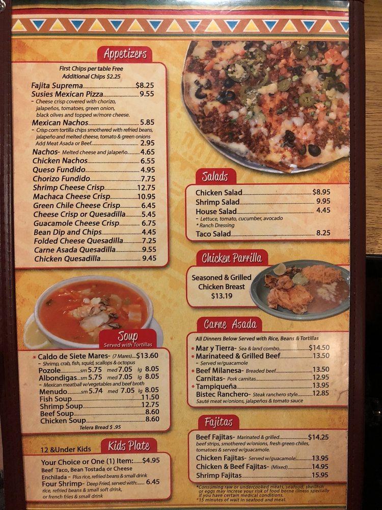 Menu at Susie's Mexican Cafe and Lounge, Tempe, E University Dr