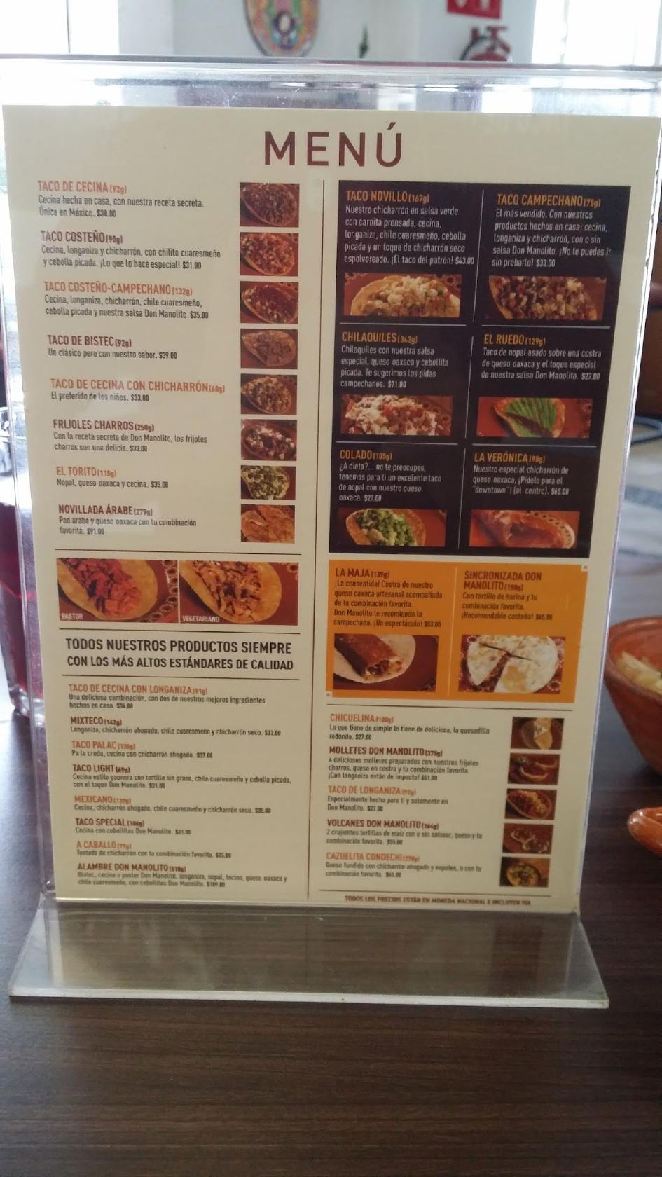 Carta del restaurante Tacos Don Manolito, Ciudad del México, Aguayo 49