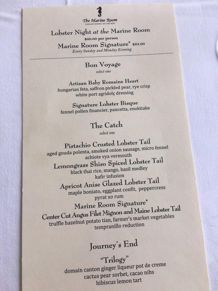 Menu at The Marine Room restaurant, San Diego, Spindrift Dr