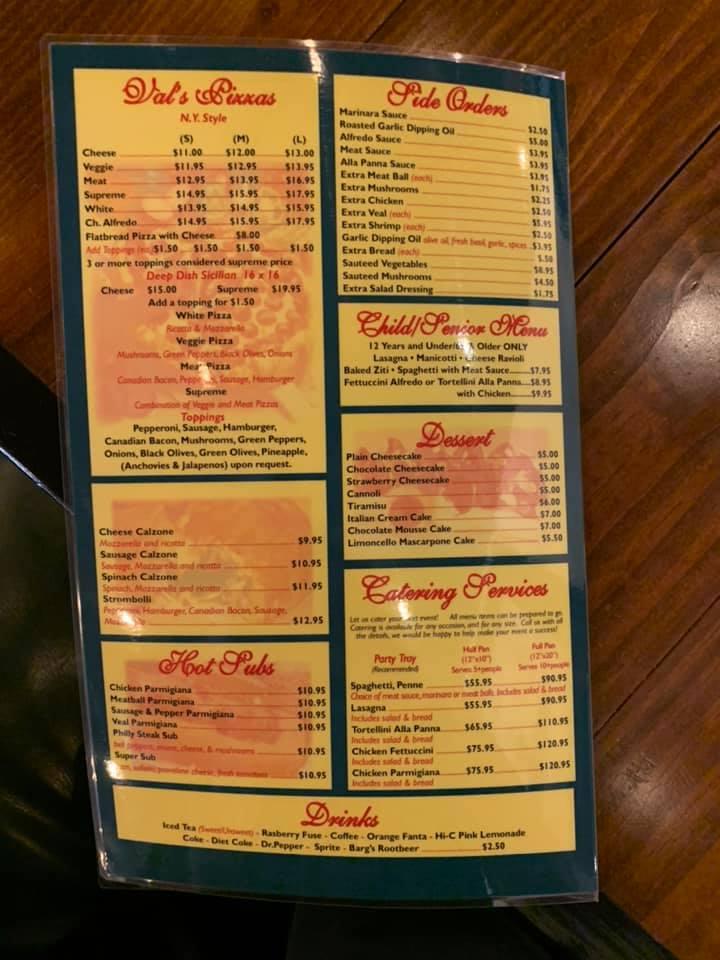 Menu at Val's Italian Restaurant, Mineola