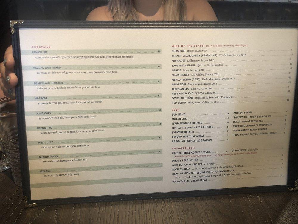 Menu at City Pharmacy pub & bar, Covington