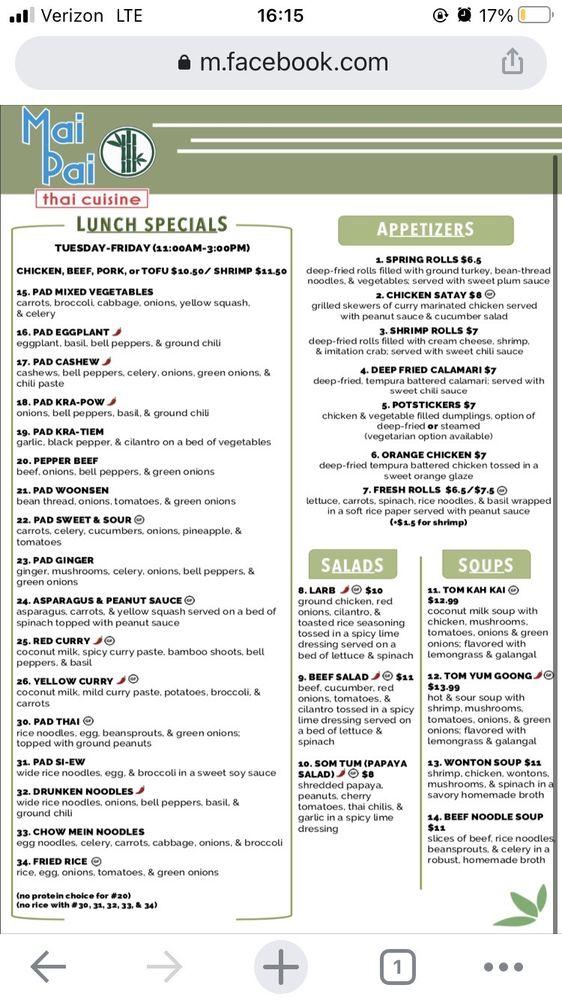 Menu at Mai Pai Thai Cuisine restaurant, Jonesboro