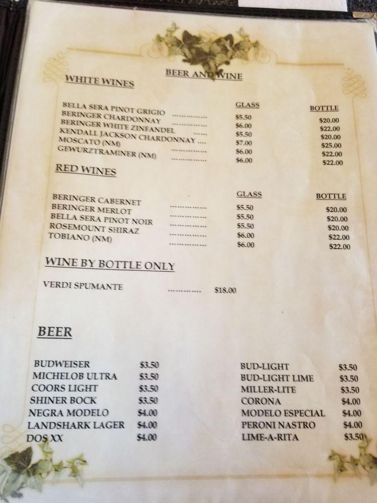 Menu at Piccolino restaurant, Artesia
