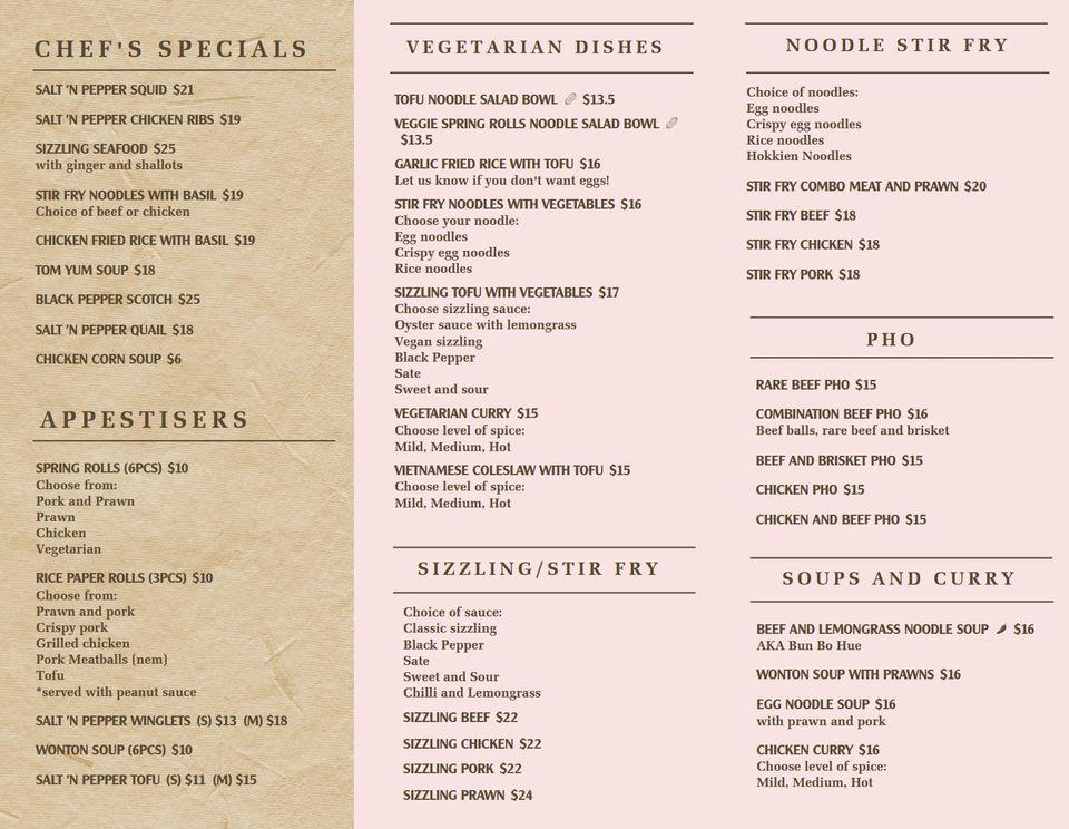 Menu at Saigon Sen restaurant, Albert Park