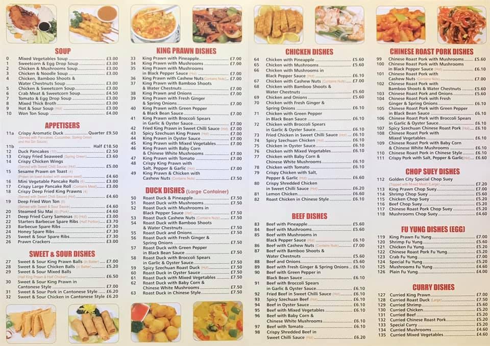 Menu at The Golden City restaurant, Spalding