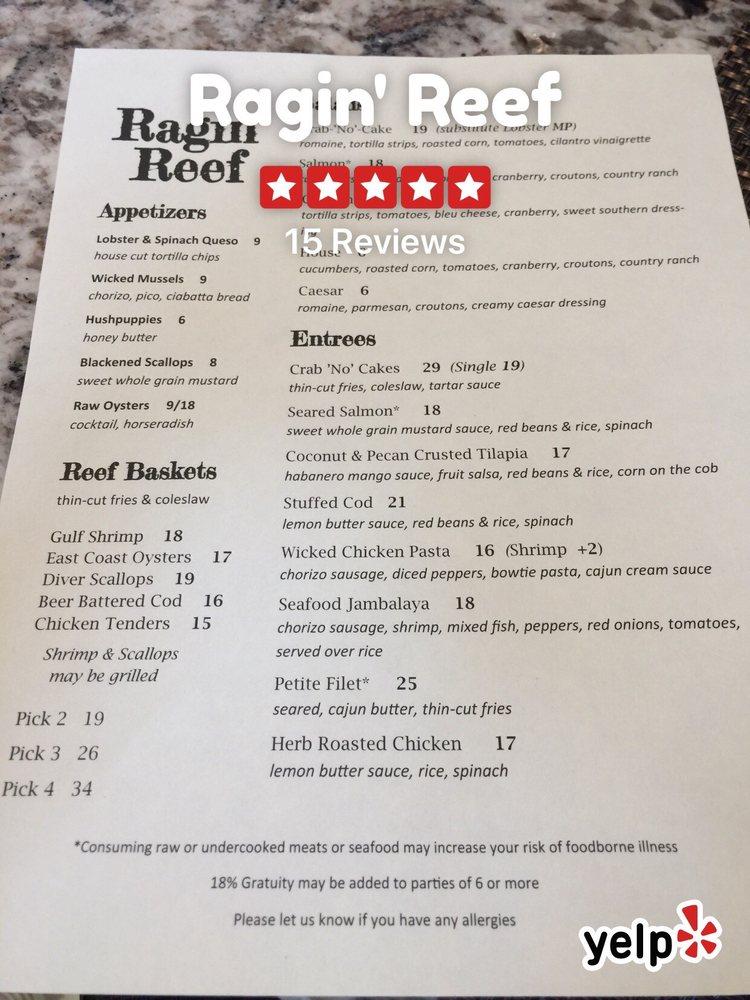 Menu at ragin' reef restaurant, Frederick, 506 E Church St