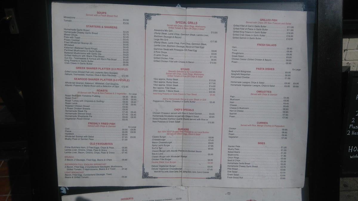 Menu at Alexandra Restaurant, Great Yarmouth