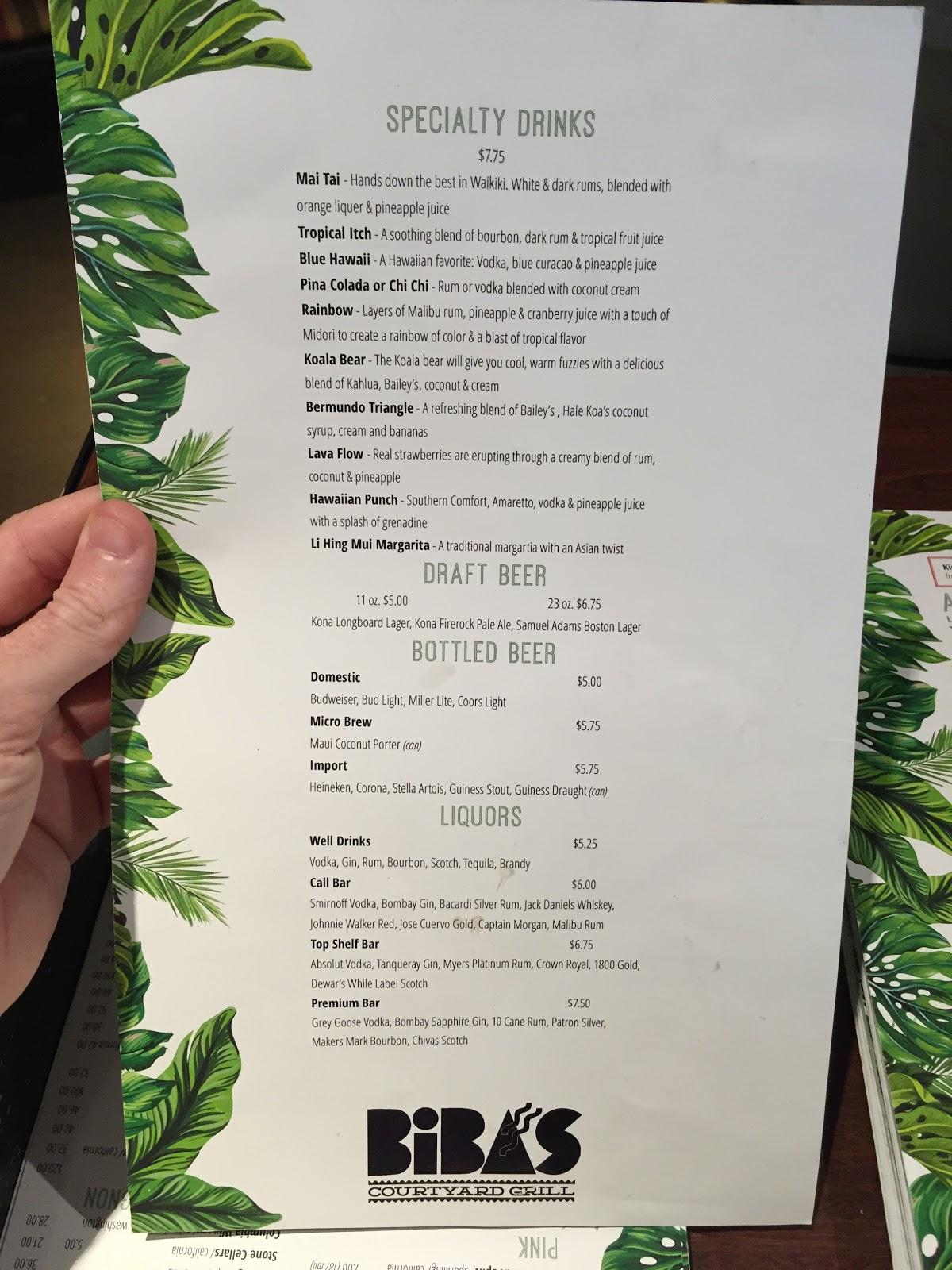 Menu at Bibas Courtyard Grill restaurant, Honolulu