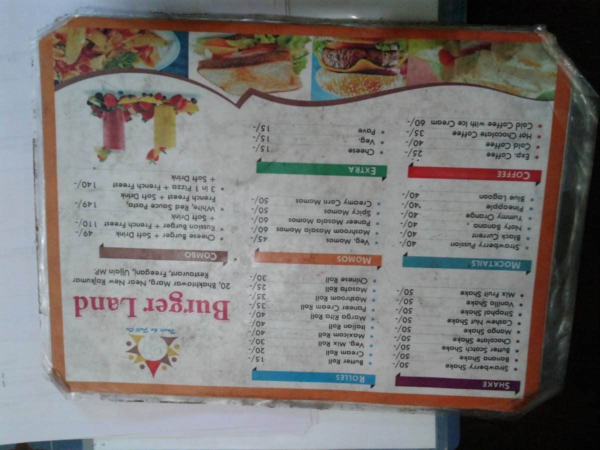 Menu at Burger Land, Ujjain