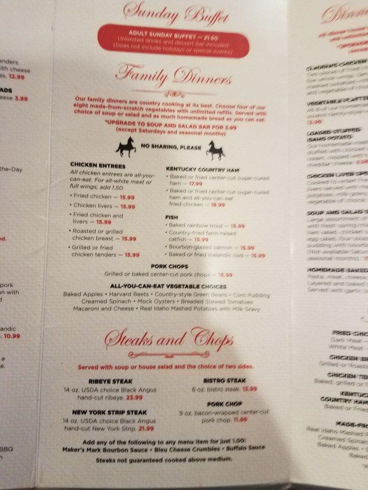 Menu at Claudia Sanders Dinner House restaurant, Shelbyville