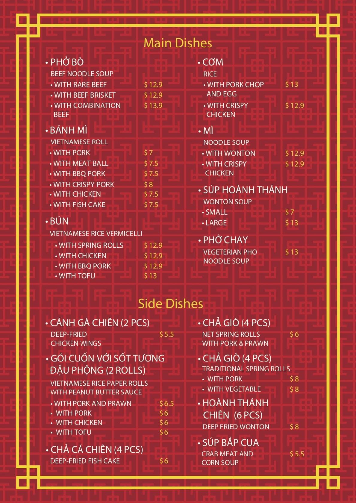 Menu at Co Dung Vietnamese Street Food restaurant, Belconnen