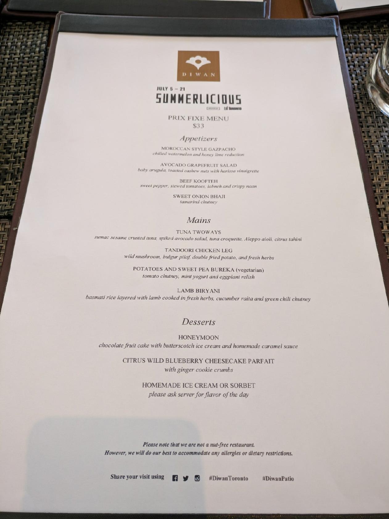 Menu at Diwan restaurant, Toronto, Aga Khan Museum