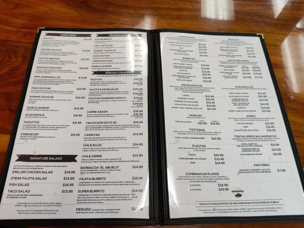 Menu at Don Goyo's Mexican Food restaurant, Kaneohe, 45-480 Kaneohe Bay ...