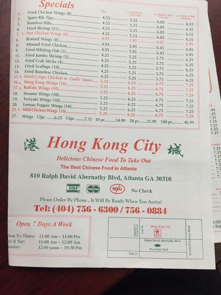 Menu at Hong Kong City restaurant, Atlanta, 810 Ralph David Abernathy ...