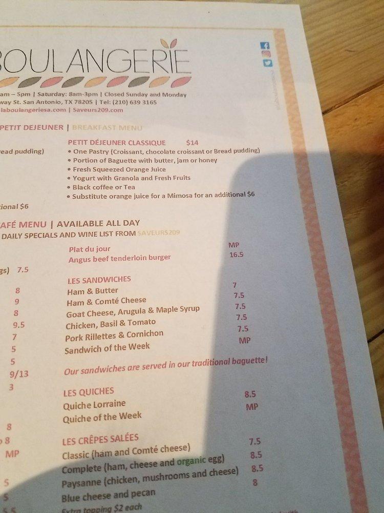 Menu at La Boulangerie cafe, San Antonio