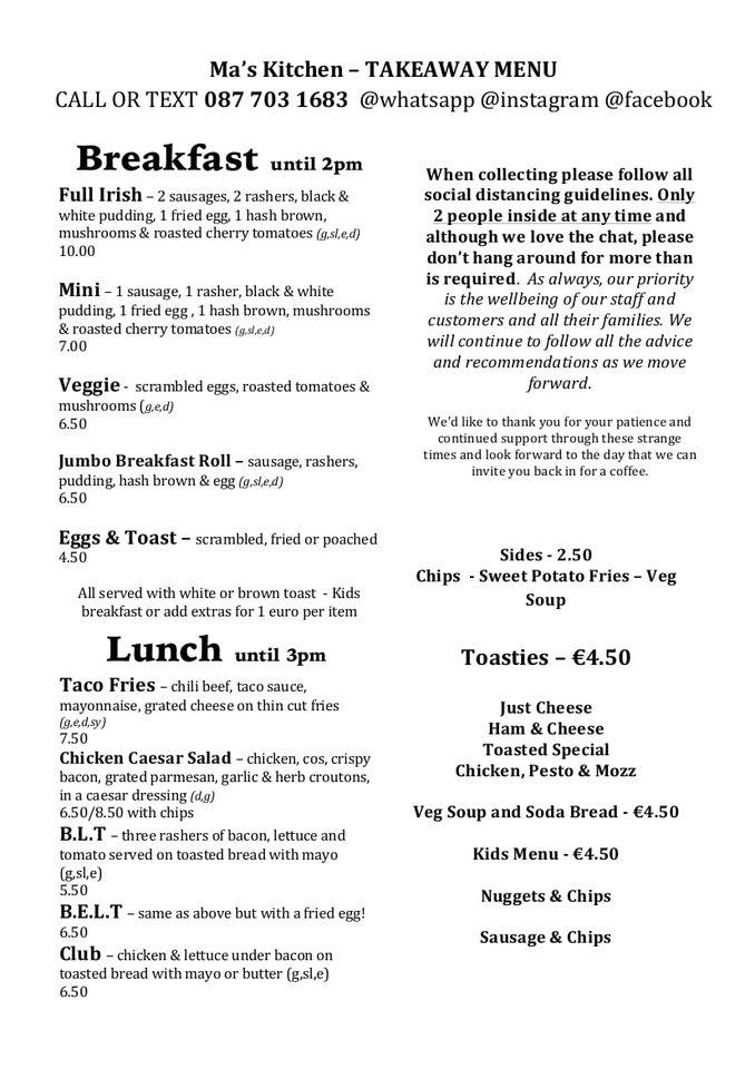 Menu at Ma's Kitchen cafe, Rathangan