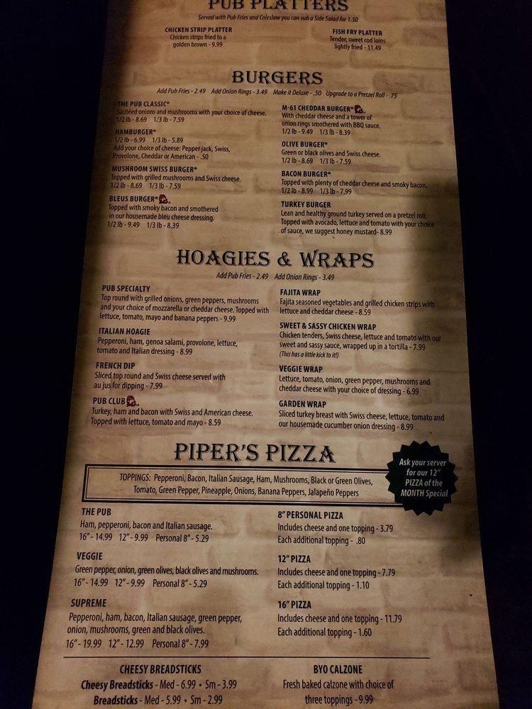Menu at Piper's Pub, Gladwin