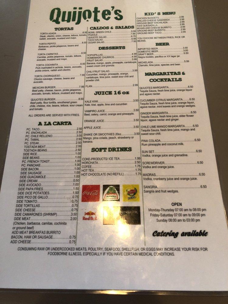 Menu at Quijotes Mexican Grill restaurant, Colorado Springs